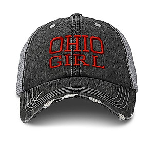 Custom Distressed Trucker Hat Ohio Girl State USA America Embroidery Cotton for Men & Women Strap Closure Black Gray Design Only