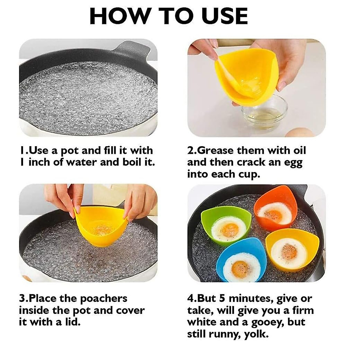 Mikim Egg Poachers Silicone Egg Poacher Cups with Ring Standers, Nonstick Egg Poaching Cups Poached Egg for Stovetop Air Fryer, BPA Free Egg Cooking Cups with Extra Oil Brush, 4 Pack