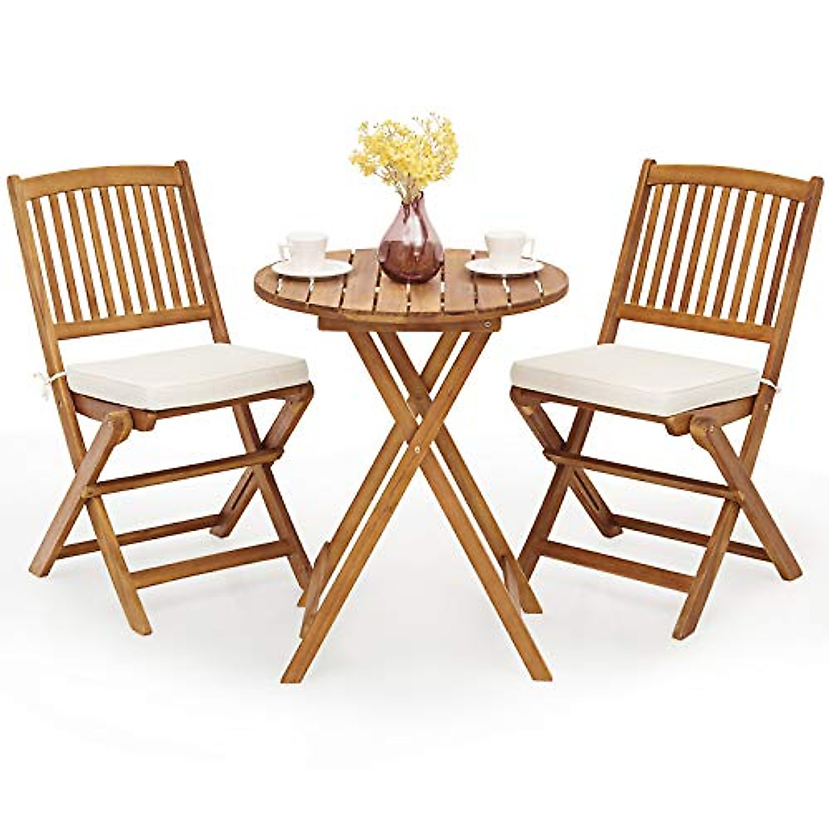 Giantex 3Pcs Patio Bistro Set, Wood Folding Table Set, 2 Cushioned Chairs for Garden Yard, Outdoor Furniture Round Table (Natural & Beige)
