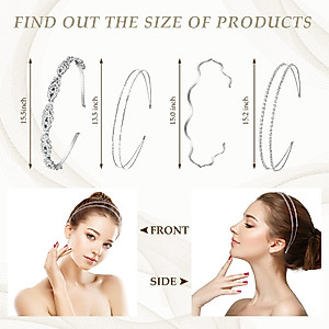 4 Pieces Crystal Headbands for Women Halloween Headbands Silver Diamond Headband Set Elastic Wavy Headband Bridal Metal Double Headband Slim Flower Leaves Hair Band for Halloween Costume Wedding Party