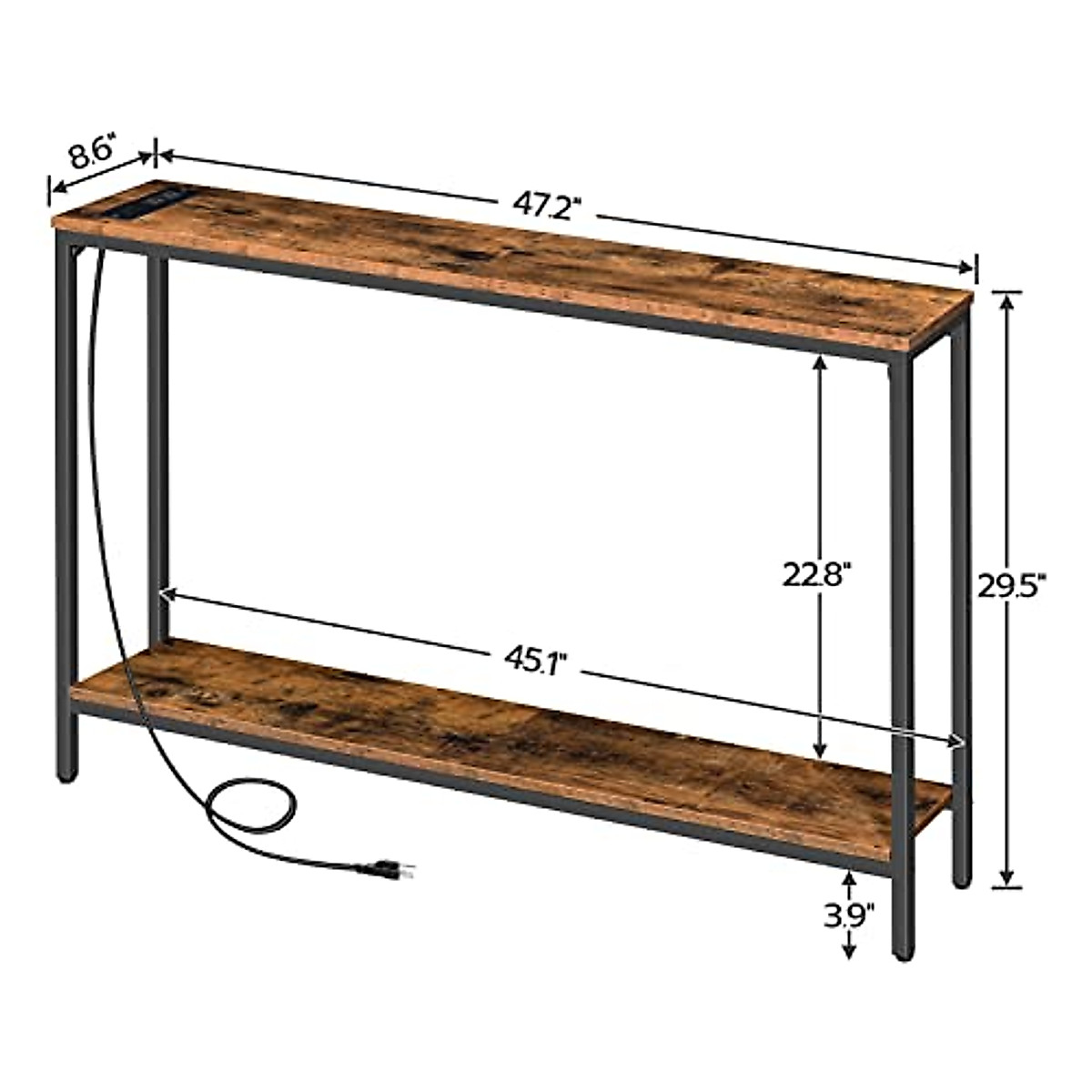 HOOBRO Console Table with Charging Station, 47.2” Narrow Entryway Table with Power Outlets and USB Ports, Skinny Sofa Table, Behind Couch Table, for Entryway, Hallway, Foyer, Rustic Brown BF201XG01