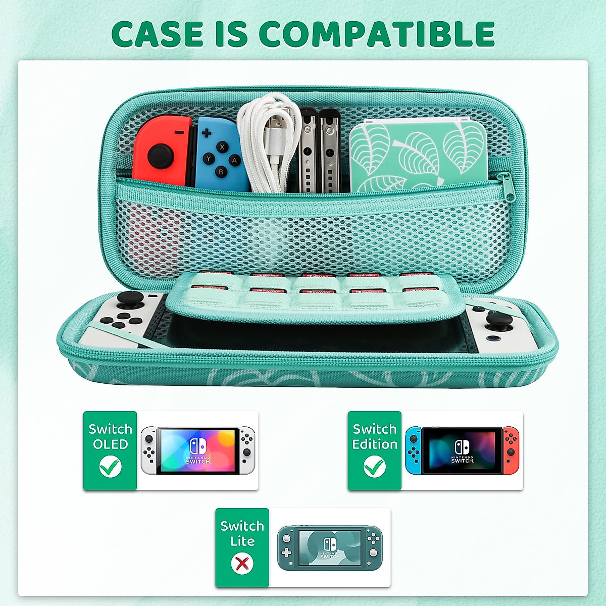 FUNDIARY Green Travel Carrying Case for Nintendo Switch and Switch OLED with Animal Crossing Leaf Design, Shockproof Accessories with Portable Storage Bag, Game Card Case, Handle Strap & 2 Thumb Caps
