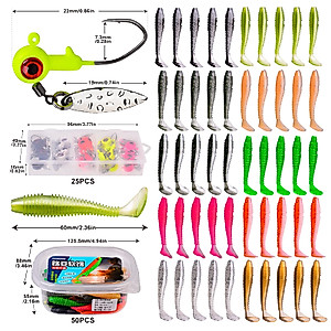 Soft Lure Jig Heads Kit - Swimbait Paddle Tail Soft Plastic Shad Lure Crappie Jigs Heads Fishing Jigs with Willow Blade for Freshwater Saltwater Bass Fishing - 1/10oz 25pcs Jig + 50pcs Soft Baits Set