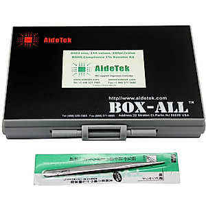 AideTek 0402 Size Surface Mount Resistor 144 Values, 100pc/value 1% Sample Resistor Kit Distributed in Box-All Enclosure E96 Serial 0ohm to 1mohm Designer Kit