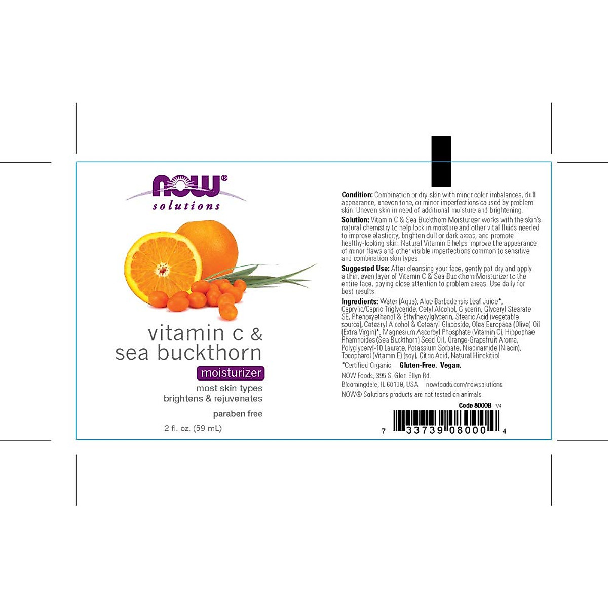 NOW Solutions, Vitamin C and Sea Buckthorn Moisturizer, Brightening and Rejuvenating, 2-Ounce