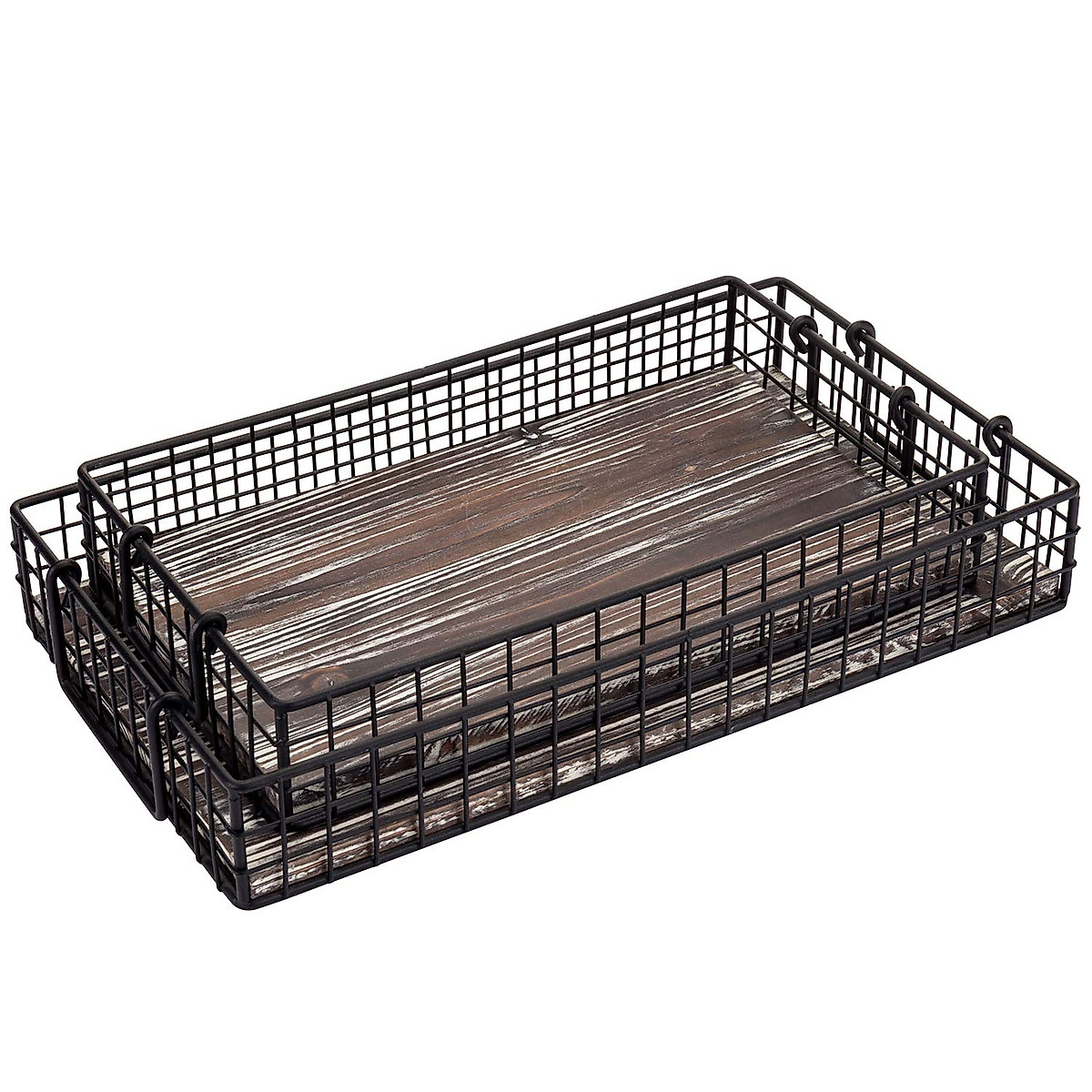 MyGift Black Metal Large Serving Tray, Wire Basket Style Nesting Ottoman Trays with Burnt Wood Base and Handles, Set of 2