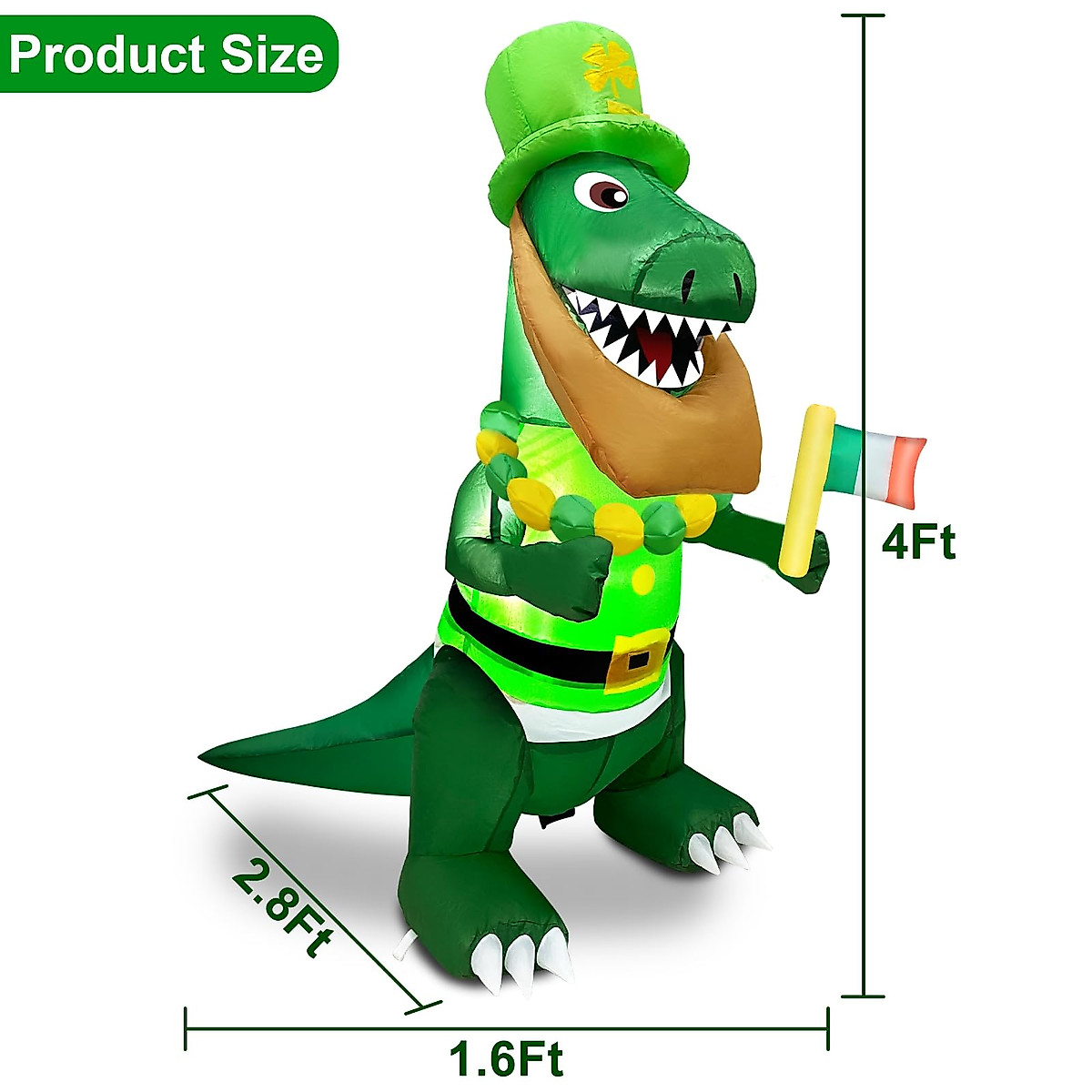 TURNMEON 4FT Dinosaur St. Patrick's Day Inflatables Decorations Outdoor Blow Up Dinosaur Hold Irish Flag Wear Necklace Shamrocks Hat LED Lights St Patricks Day Decor Indoor Home Yard Garden Lawn Party