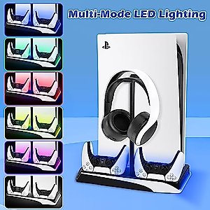 PS5 Cooling Station with RGB LED for Playstation 5 Console, Grathia Dual Fast PS5 Controller Charging Station with Cooling Fan, PS5 Controller Charging Doking Station with 12 Games & Headset Holder