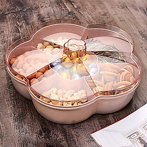 Flower Shaped Snack Serving Tray with Lid, Plastic Divided Serving Container with 6 Compartment, Food Storage Organizer for Candy, Nut, Dried Fruit, Perfect for Parties, Family