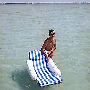 Swimline SunChaser Padded Floating Luxury Pool Lounger Sling Chair Float w/Extra Thick Headrest and 2 Cup Holders, Blue/White Stripe