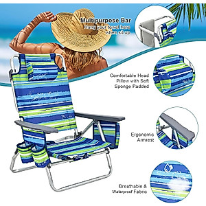 GYMAX Beach Chairs, 2-Pack Backpack Camping Chair with Armrest, Cooler Bag, Cup Holder, Towel Bar & Side Pockets, Sunbath Sling Tanning Lounge, Folding Layout Chairs (Blue Strip, with Table)