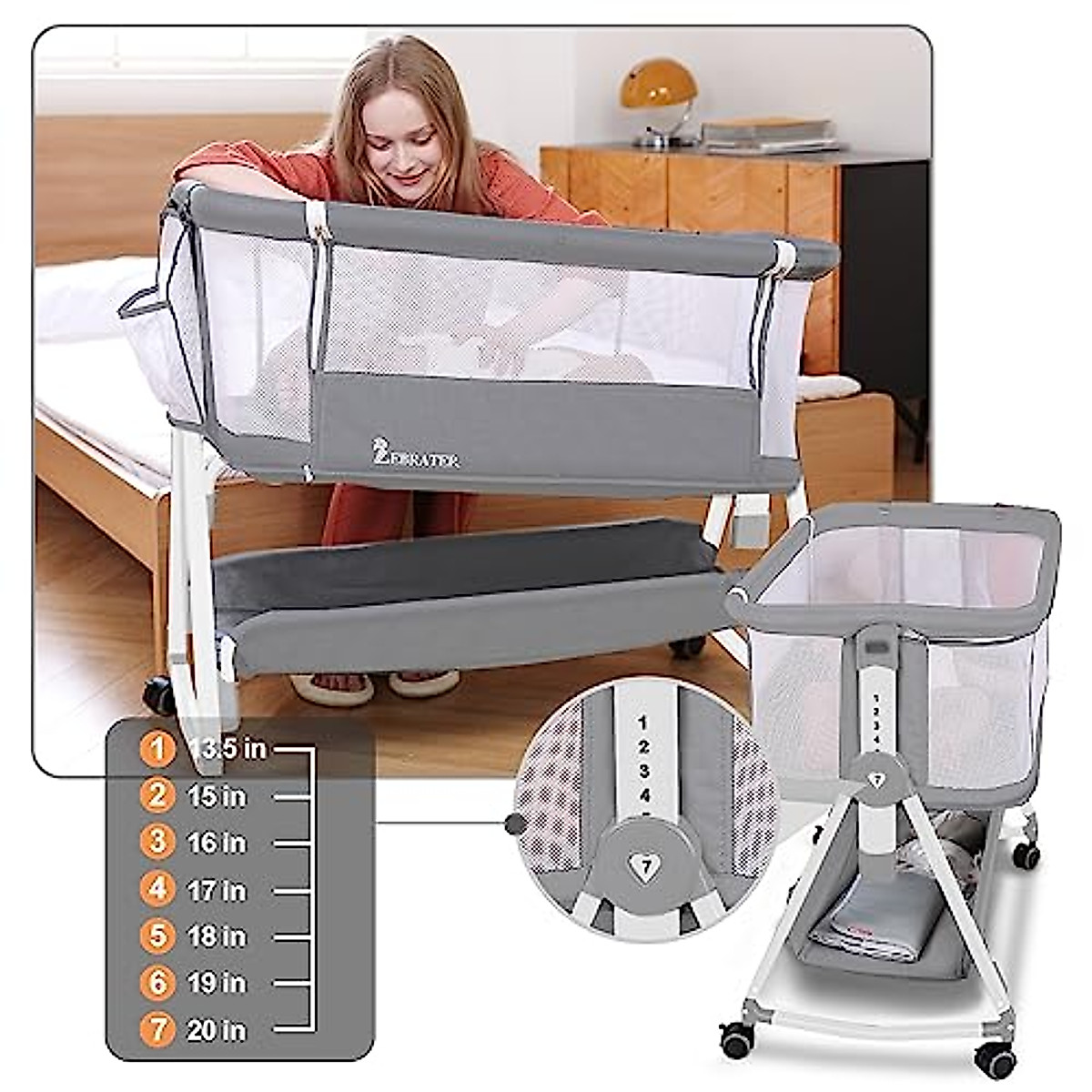 zebrater Baby Bassinet Bedside Sleeper with Storage Basket and Wheels,All Mesh Bedside Bassinet for Baby,7 Adjustable Height Portable Bedside Crib Co Sleeper for Newborn/Infant(3 in 1,Grey)