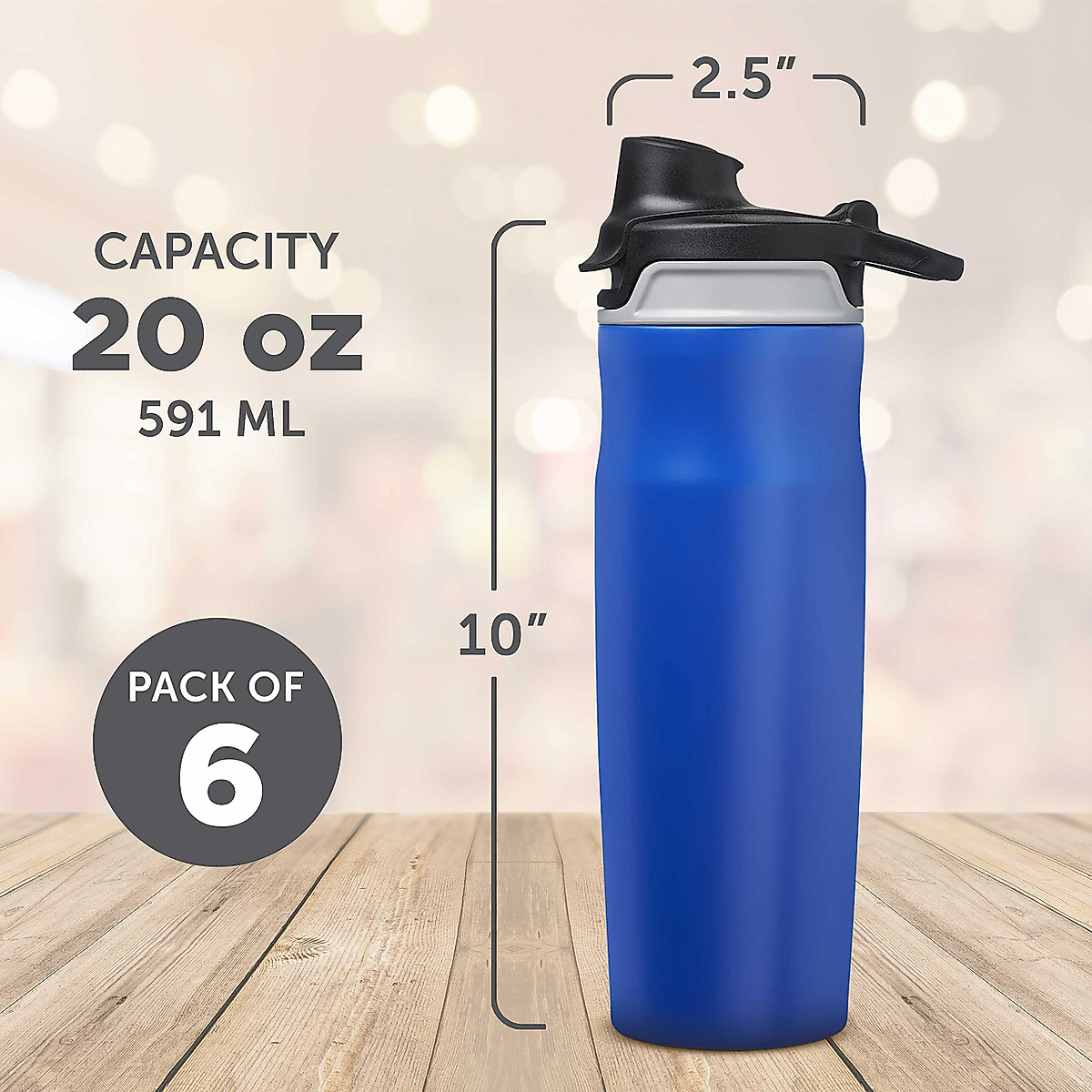 DISCOUNT PROMOS Juno Water Bottles with Flip Lid 20 oz. Set of 6, Bulk Pack - Reusable, Great for Gym, Hiking, Cycling and for School - Blue