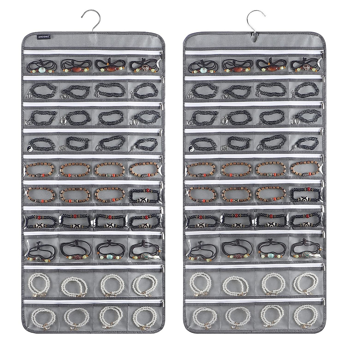 ANZORG 80 Zippered Pockets Hanging Jewelry Organizer for Holding Jewelries Dual-Sided Accessory Display Holder for Earrings Bracelets Rings (80 Zippered Pockets-Grey)