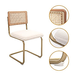 CangLong Mid-Century Modern, Natural Mesh Rattan Backrest, Upholstered Fleece Seat Armless Chairs with Metal Legs for Home Kitchen Dining Room, Set of 2, White