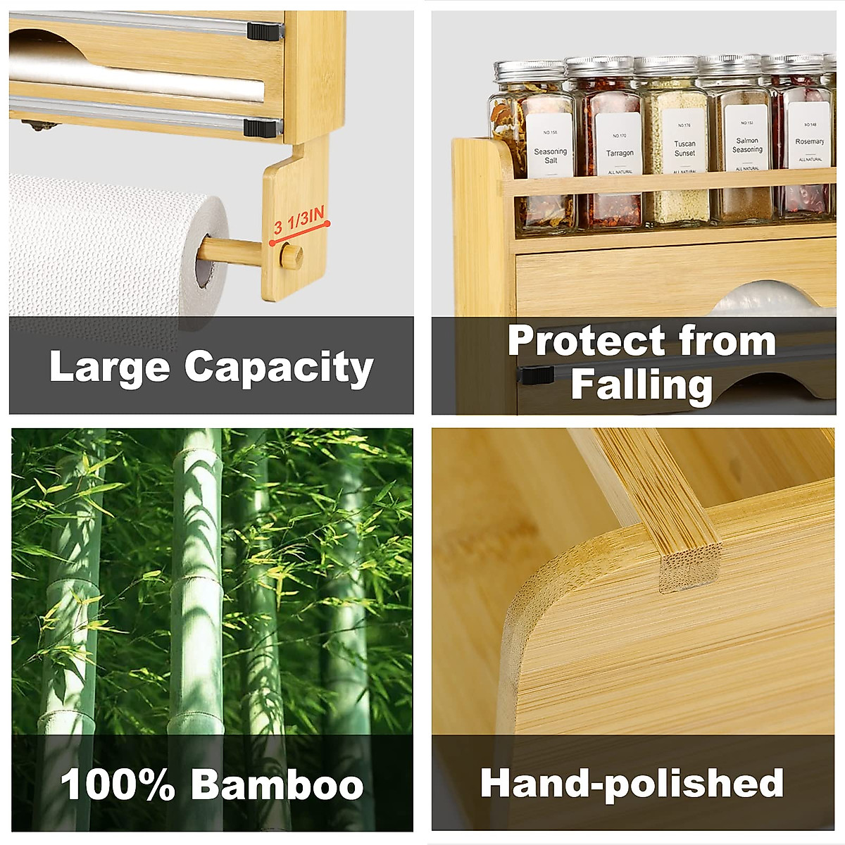 Foil and Plastic Wrap Organizer, Bamboo Aluminum Foil Dispenser with Paper Towel Holder, Compatible with Foil, Wax Paper, Kitchen Paper Towel and Spice Jars