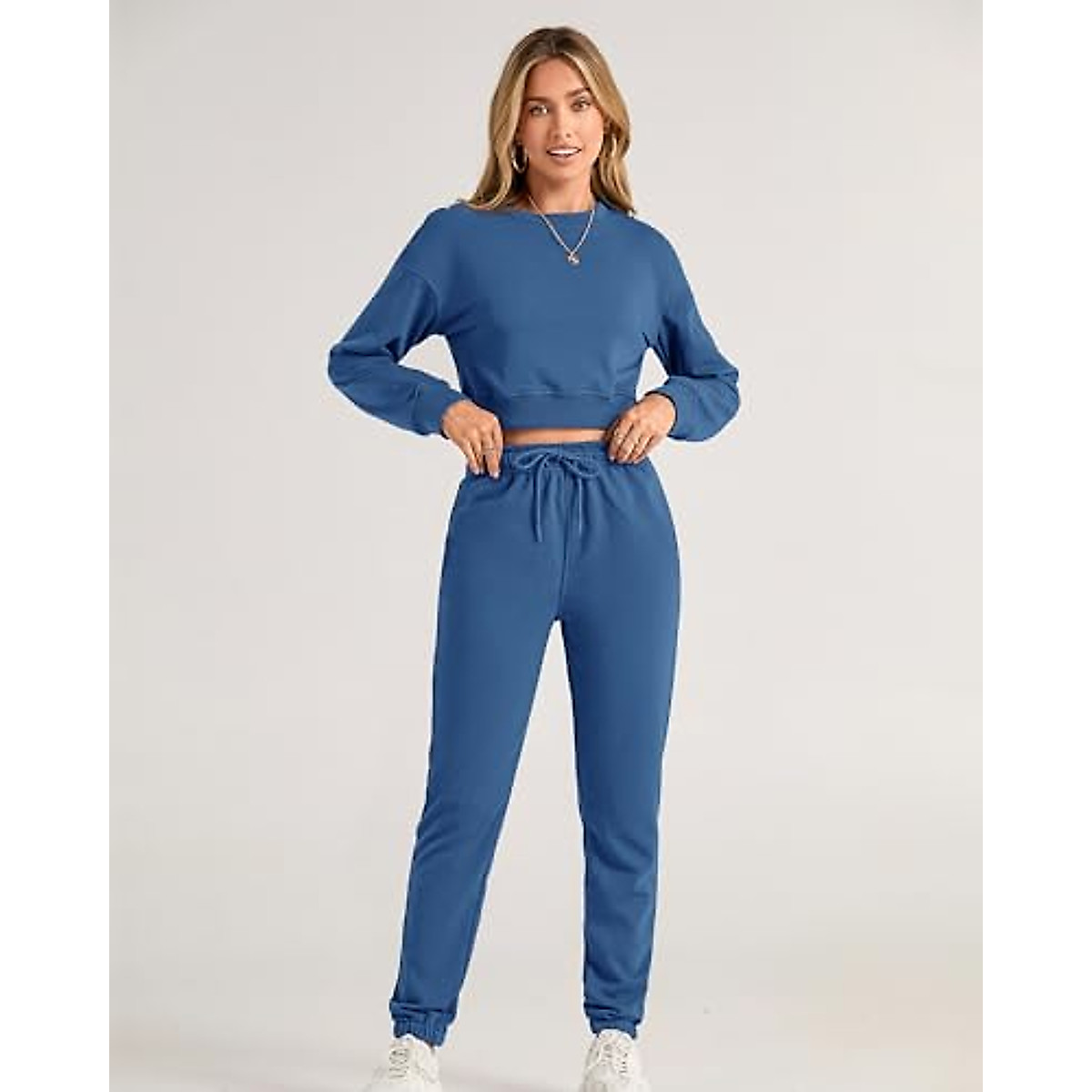 BTFBM Women 2 Piece Outfits 2023 Long Sleeve Crop Tops Tracksuit Drawstring Pant Jogger Set Casual Sweatsuits Pullover(Solid Lake Blue, Medium)