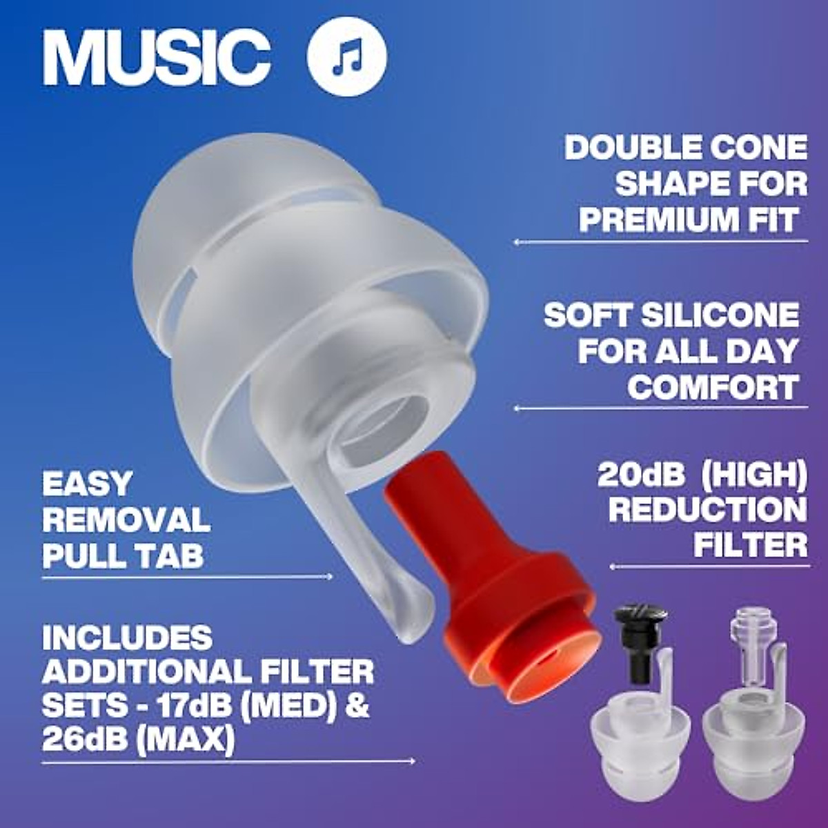 EarPeace Music - High Fidelity Concert Ear Plugs - Ear Protection for Concerts, Musicians and Live Events with Loud Music - Reusable/Hypoallergenic Earplugs - Noise Reduction Up to 26dB