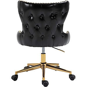 Meridian Furniture 167Black Hendrix Collection Modern Contemporary Vegan Leather Upholstered Swivel Adjustable Office Chair with Button Tufting and Gold Base, Black, 21.5" W x 24" D x 30.3"-32.6" H