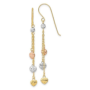 14K Tri Color Gold Triple Heart Love Drop Dangle Earrings