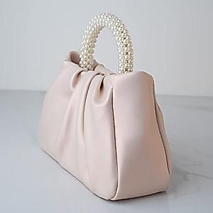 HEYCUE Women's Elegant Pearl Handbag Pleated Design Crossbody Purse Wedding Prom Bride Clutch Purse With Pearl Chain