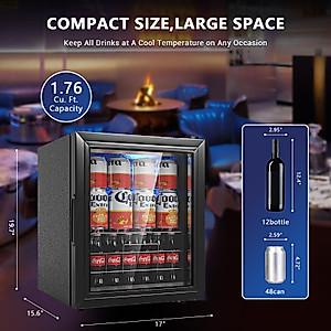 Kazigak Beverage Refrigerator and Cooler 1.76 Cu Ft with Glass Door, Adjustable Temperature Control for Soda, Beer, and Wine Mini Fridge for Home, Office, Dorm and More Black