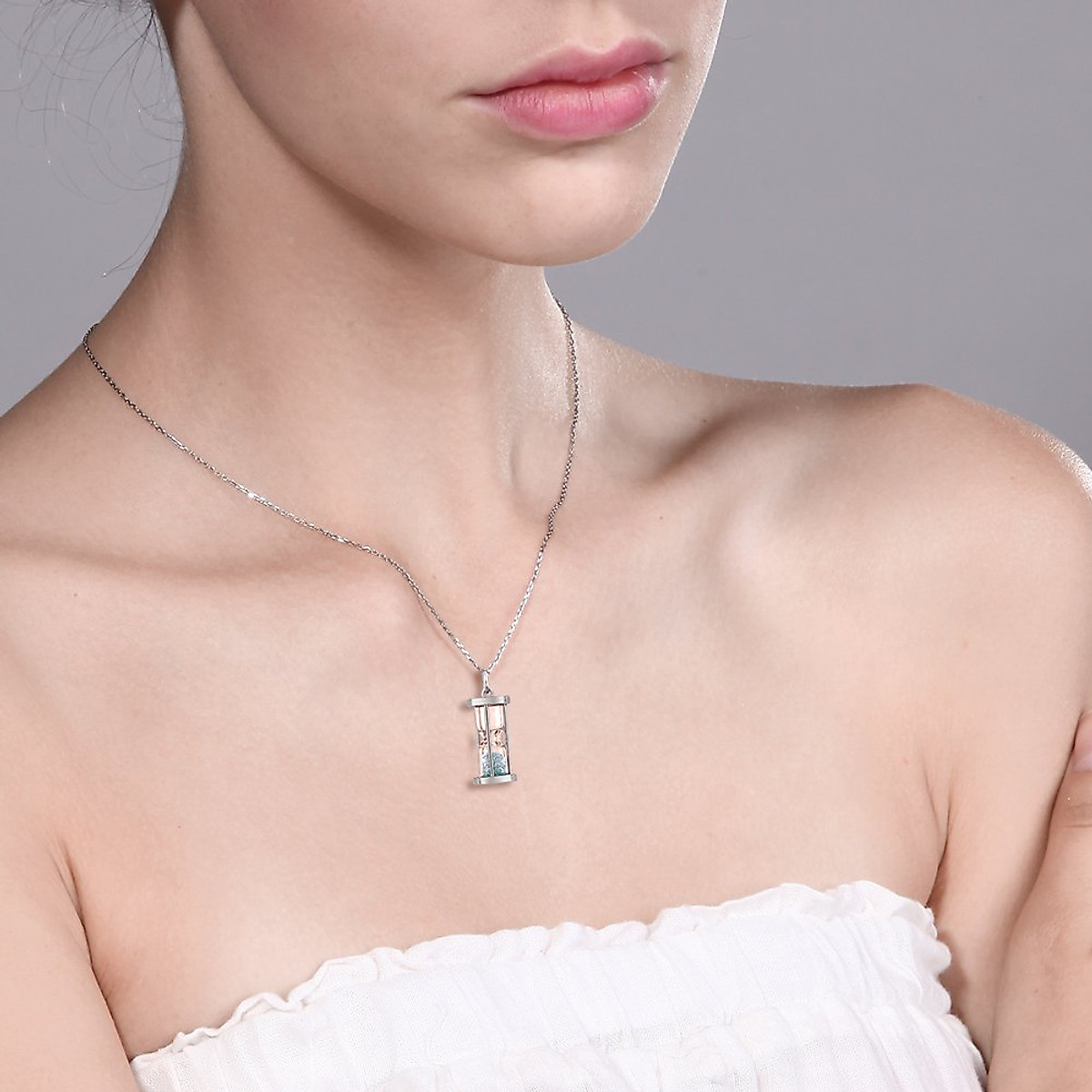 Gem Stone King 925 Sterling Silver Diamond & Gemstone Birthstone Dust Hourglass Necklace For Women With 18 Inch Silver Chain - Sky Blue