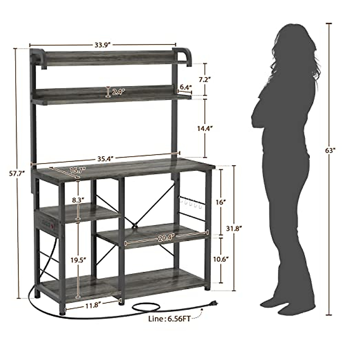 Topfurny Baker's Rack with Power Outlet, Coffee Station, Microwave Oven Stand, Kitchen Shelf, Microwave Cart, 7-Tier Microwave Stand or Coffee Bar Table Organizer, for Spice, Pots and Pans Organizer