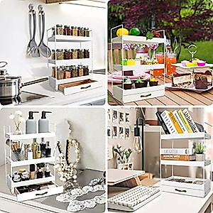 GNILLKO 3 Tier Bathroom Counter Organizer with Drawer, Wooden Bathroom Organizer Countertop, Countertop Bathroom Trays and Kitchen Spice Rack Vanity Organizer for Bathroom Counter(White)