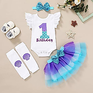 YOUNGER TREE Baby Girls 1st Birthday Mermaid Outfit Romper Headband Leggings Tutu Dress Sequin Bowknot Princess Skirt Sets (12-18 Months, White # Birthday)