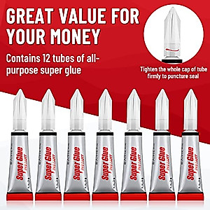 12 Pack Super Glue Clear, Strong Adhesive Superglue Gel Fast Drying Instant Cyanoacrylate (CA) Glue for Plastic, Wood, Metal Stone, Jewelry Beads Making, Phone Ceramic Crafts Repair (3 Gram/Tube)