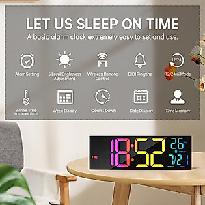 Digital Wall Clock Large Display, 16.2" Digital Wall Clock with RGB Color Changing Remote Control, Automatic Brightness Dimmer with Night Lights, Auto DST, Date Week,Temperature