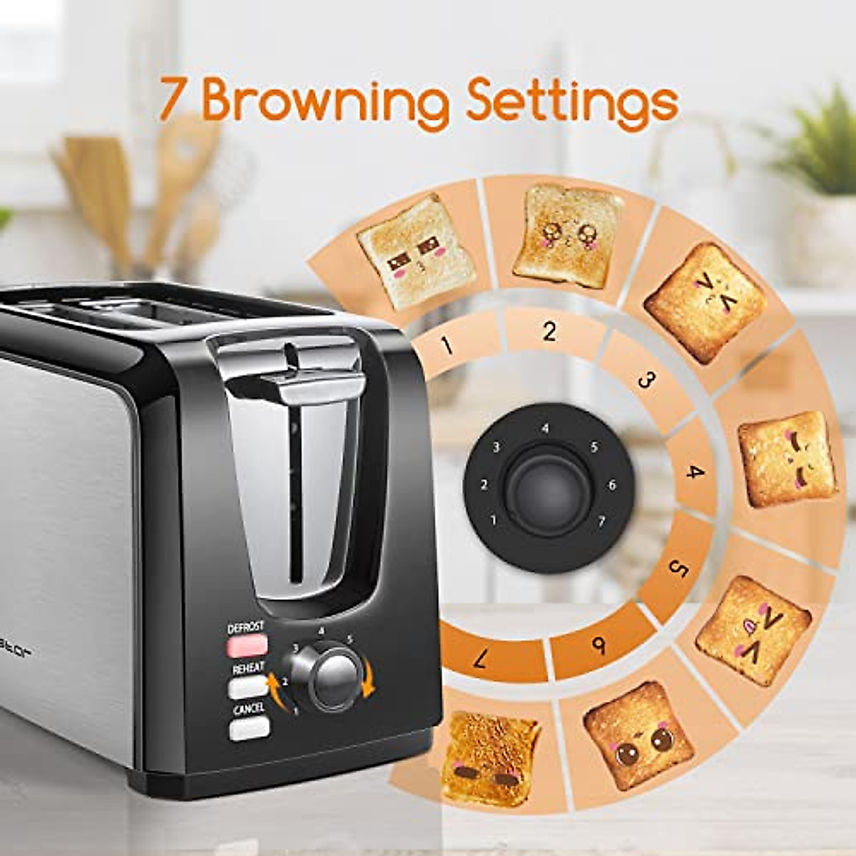 Toaster 2 Slice Wide Slots Best Rated Prime Toasters, Compact Stainless Steel Bread Toaster with Reheat/Defrost/Cancel Functions, 7-Shade Control & Removable Crumb Tray, Black, UL Certificated