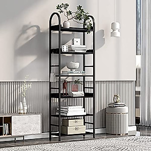 6-Tier Bookcase Freestanding Bookshelf with MDF Board & Round Top Frame, Narrow Rectangular Storage Shelves with Adjustable Foot Pads for Living Room, & Small Spaces (Black)