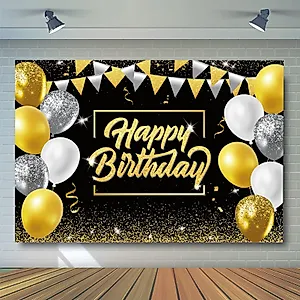 5x3ft Happy Birthday Backdrop Yellow Silver Balloon Banner Decorations for Large Family Gathering Yard Sign Backgroud for Men Women Boys Girls Party Indoor Outdoor Poster Decor Supplies