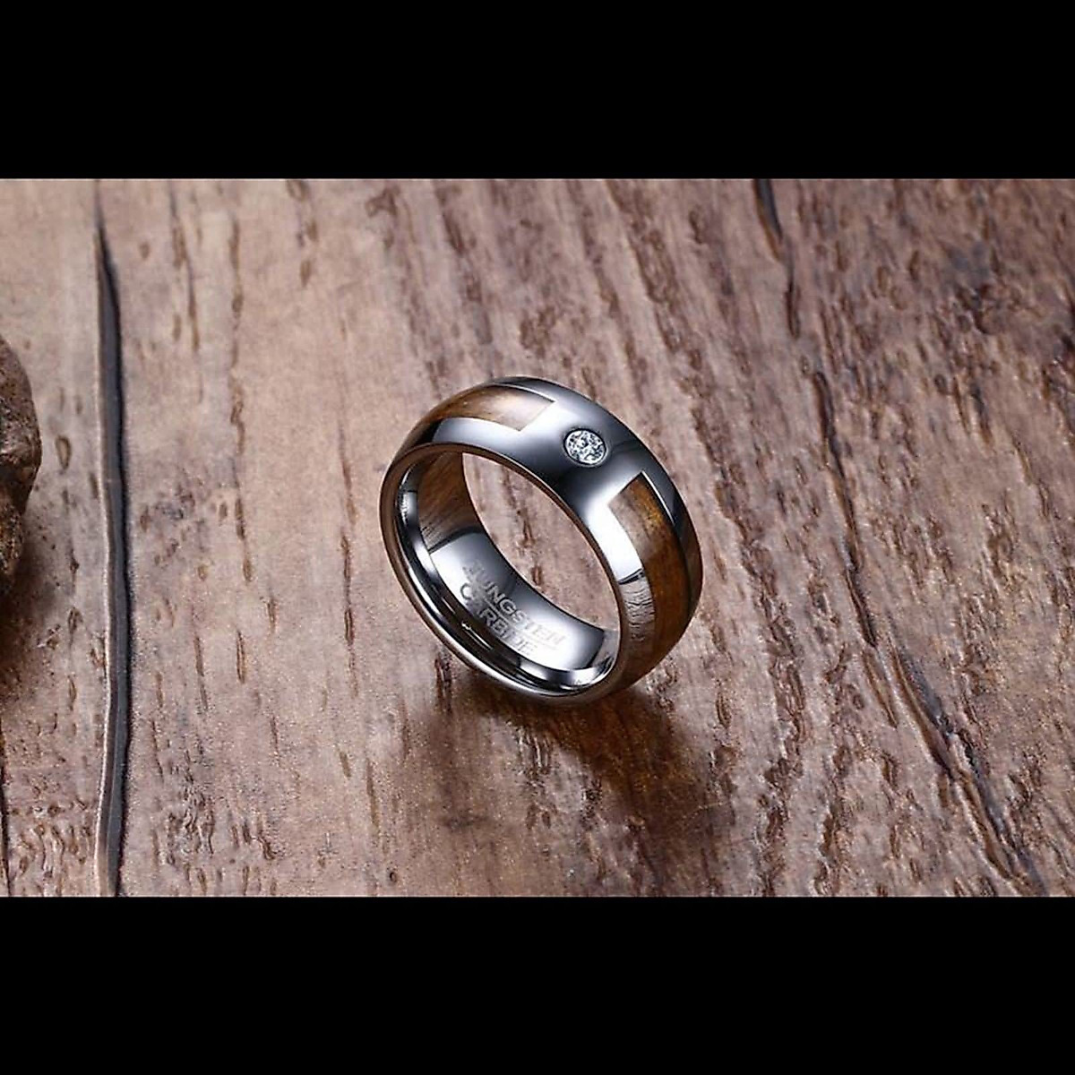 Epinki Wedding Rings Silver, 8MM Tungsten Ring with Wood Inlay White Round Cubic Zirconia Band Ring 2PCS Couple Rings Women Size 8 & Men Size 12