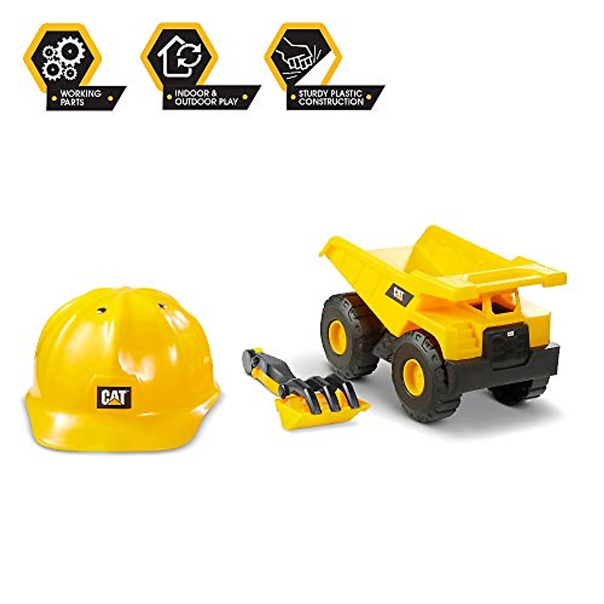 CAT Construction Toys, Dump Truck Set with CAT Hard Hat and Sand Tools, Outdoor Toys for Kids Ages 3+