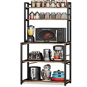 Denkee 31.5 Inch Width Bakers Rack for Kitchen, Industrial 5-Tier Microwave Stand with Storage, Freestanding Kitchen Stand Storage Shelf, Coffee Bar Station (Rustic Brown)