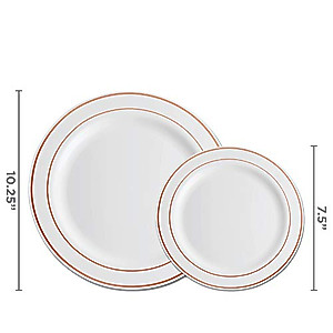 Munfix Plastic Wedding Party Plates 100 Piece White Rose Gold Rim. Elegant Fancy 50 Premium Heavy Duty 10.25 Inch Dinner Plates and 50 Disposable 7.5 Inch Dessert Appetizer