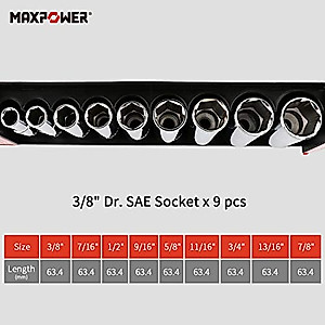 MAXPOWER 3/8-Inch Drive Deep Socket Set, SAE/Inch, 9 Pieces, 6 Point Socket Set, 3/8", 7/16", 1/2", 9/16", 5/8", 11/16", 3/4", 13/16", 7/8"