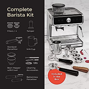 Mueller Premium Espresso Machine Coffee Maker with Milk Frother, Coffee Grinder, 15 Bar, Stainless Steel, Standard and Bottomless Portafilter, Multiple Filters, Temp Control, Complete Barista Kit