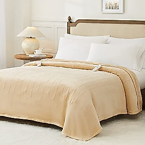 HomeMate Electric Heated Blanket Dual Controller King Size 100"x 90" Beige,5 Heating Levels Fast Heating,10 Hours Auto Off, Heat Blanket Over-Heated Protection Double Soft Flannel,ETL Certified