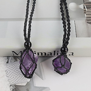 Anjiucc Natural Gemstone Crystal Raw Amethyst Pendant Necklace Stone Holder Necklace Cord Hand-Woven Necklace with Adjustable Length for Women Men