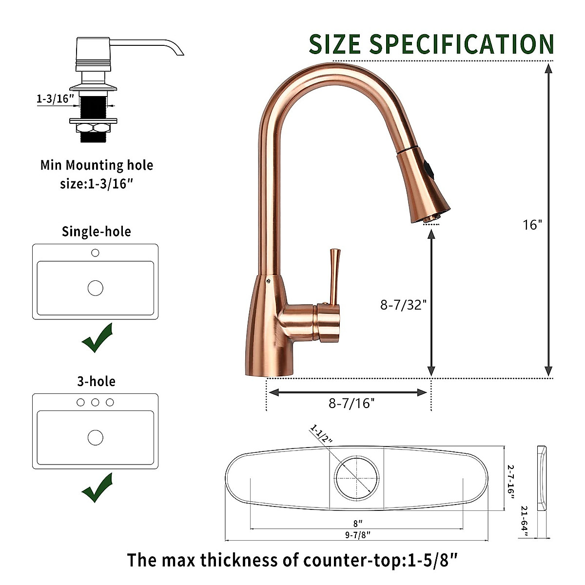Copper Kitchen Faucet with Soap Dispenser, Single Handle Solid Brass High Arc Pull Down Sprayer Head Kitchen Sink Faucets with Deck Plate AK96455