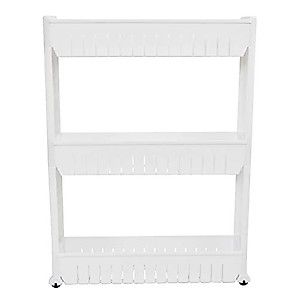 Home-X Slim 3-Tier Rolling Cart for Laundry Room and Bathroom Organization, Space-Saving Storage with Shelves and Wheels, Small Pantry Shelf, Narrow Organizer, White Shelving Unit