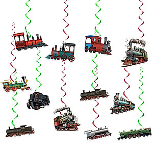 24 Pcs Train Hanging Decorations Steam Train Hanging Swirls Ceiling Swirls Train Birthday Party Supplies for Retro Train Party Decorations Train Transportation Decorations