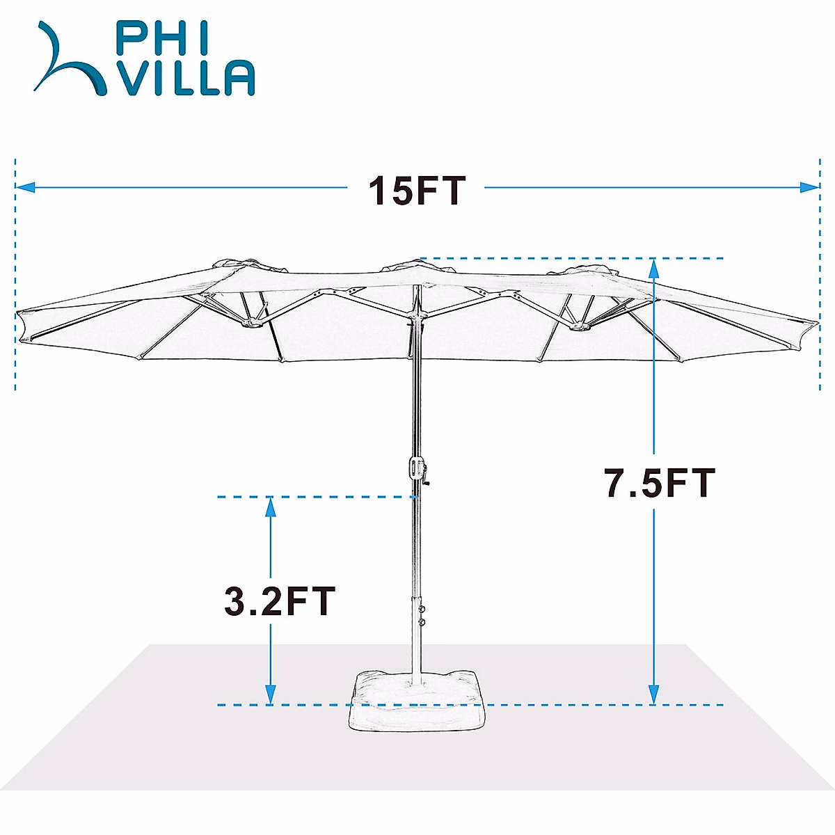 PHI VILLA 15ft Large Patio Umbrella Double-Sided Outdoor Market Pool Umbrellas with Crank, Umbrella Base (Stand) Included(Beige)