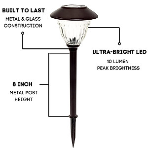 Energizer LED Solar Pathway Lights - 10 Pack of [Bronze] Outdoor Solar Lights - IP65 Waterproof w/Auto On/Off - Patterned Glass and Metal Construction Coated in Bronze