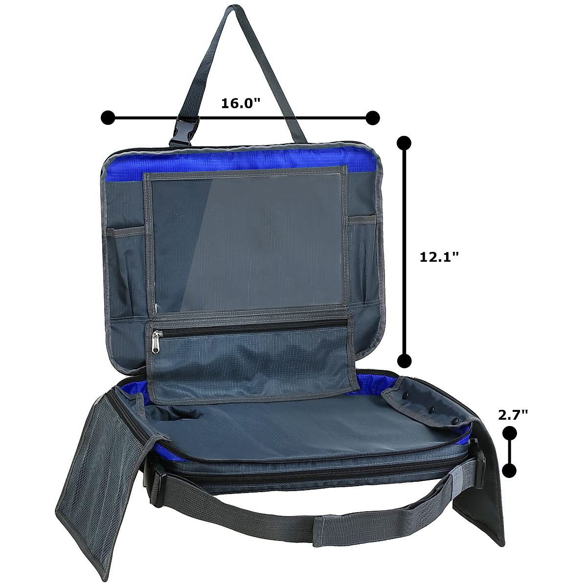 KeolaKids Kids Car and Booster Seat Travel Tray Organizer with Detachable Top, Lap Tray, Updated Headrest Straps, Zippered Storage, Tablet holder with Charger Openings (Blue)