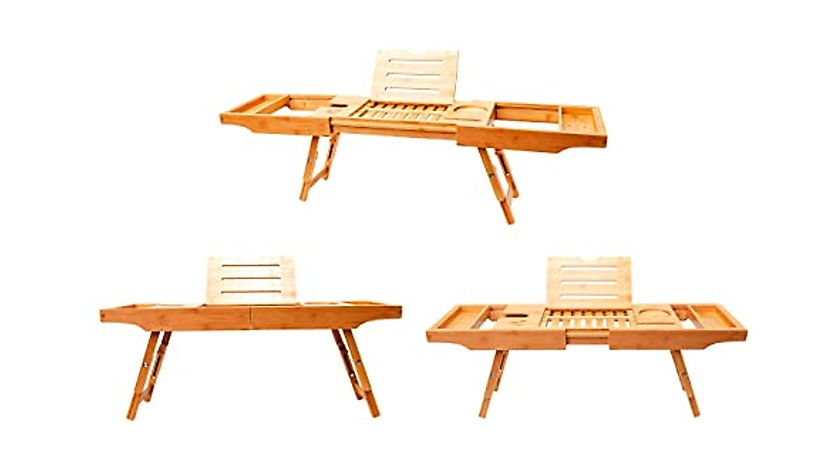 Bamboo Bathtub Caddy & Bed Laptop Desk with Adjustable Legs